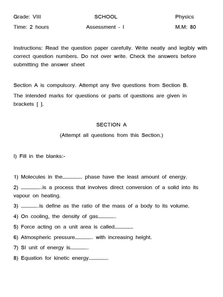 Icse Class 8 Assessment 1 Physics 160923 2023 | PDF | Pressure | Gases