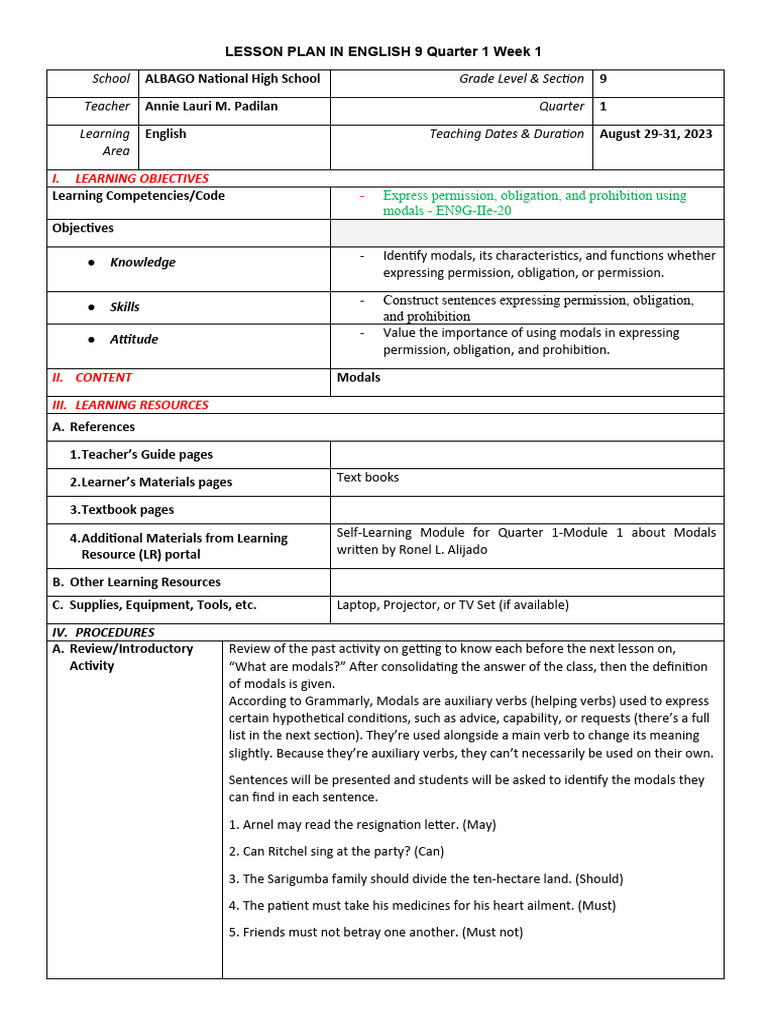 LESSON PLAN IN ENGLISH 9 Quarter 1 Week 1 | PDF | Learning | Modal Logic