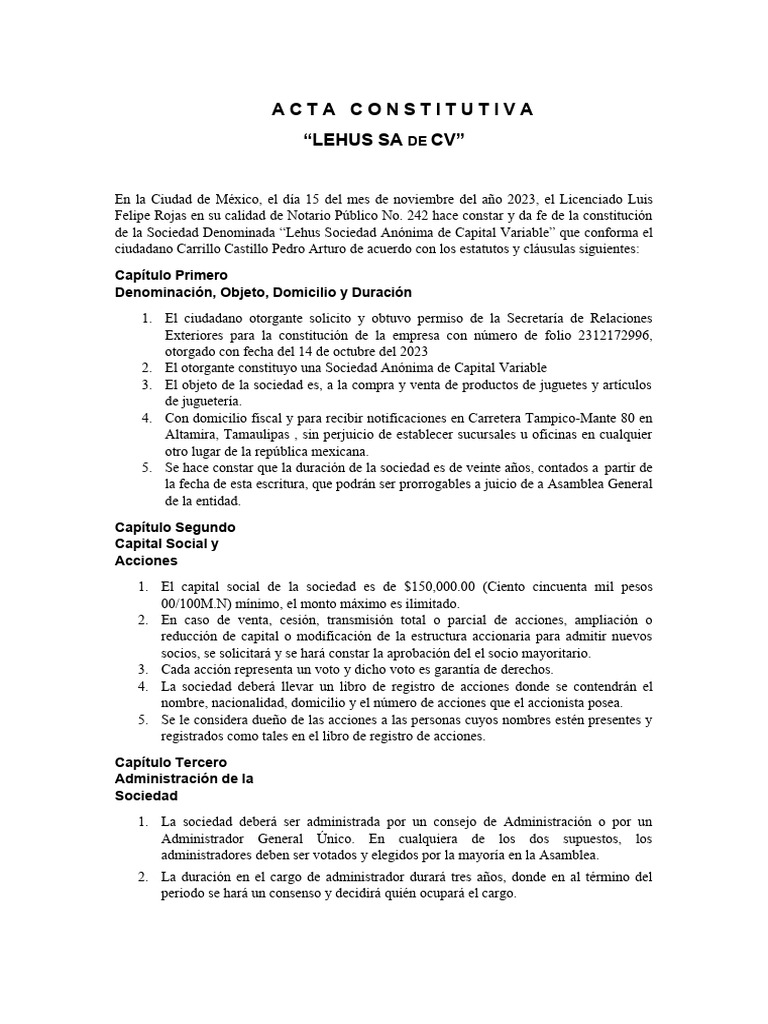Acta Constitutiva | PDF | Compartir (Finanzas) | México