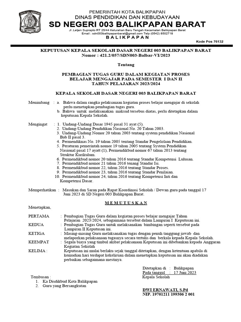 SK Pembagian Tugas Guru 003 TP 2023-2024 | PDF