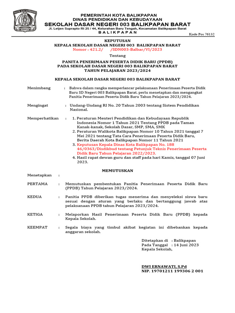 SK PPDB 2023-2024 Fix 003 Bal-Bar | PDF