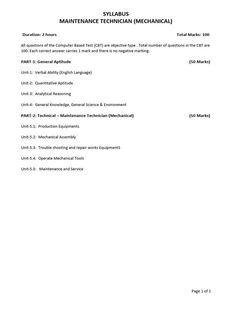 Syllabus Maintenance Tech Mechanical | PDF