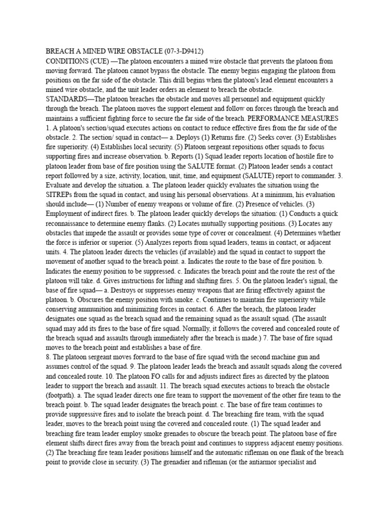 Breach A Mined Wire Obstacle (07-3-D9412) | PDF | Platoon | Military ...