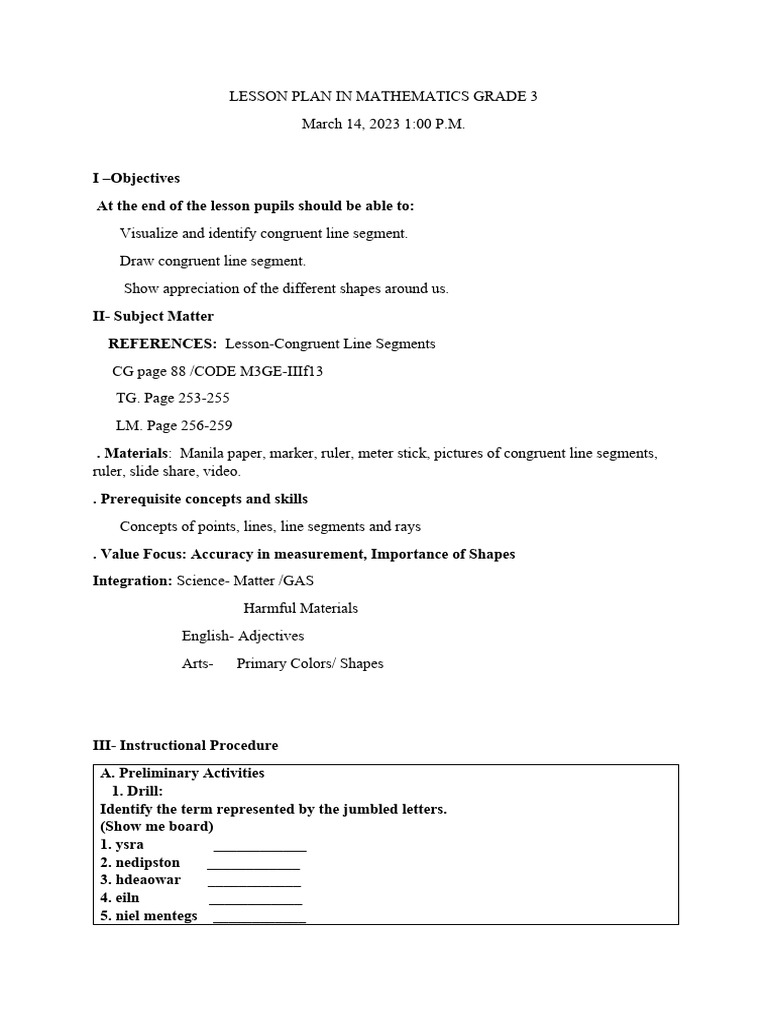 Detailed Lesson Plan In Mathematics Grade 3 Congruent Line Segments