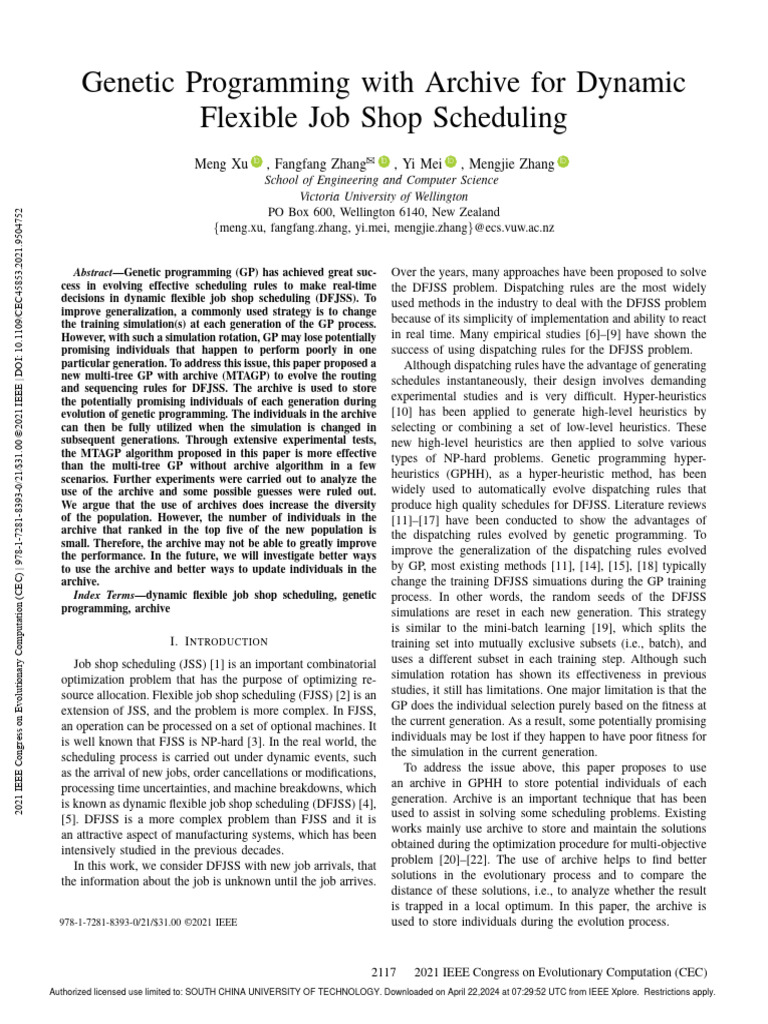 Genetic Programming With Archive For Dynamic Flexible Job Shop Scheduling | PDF | Algorithms ...