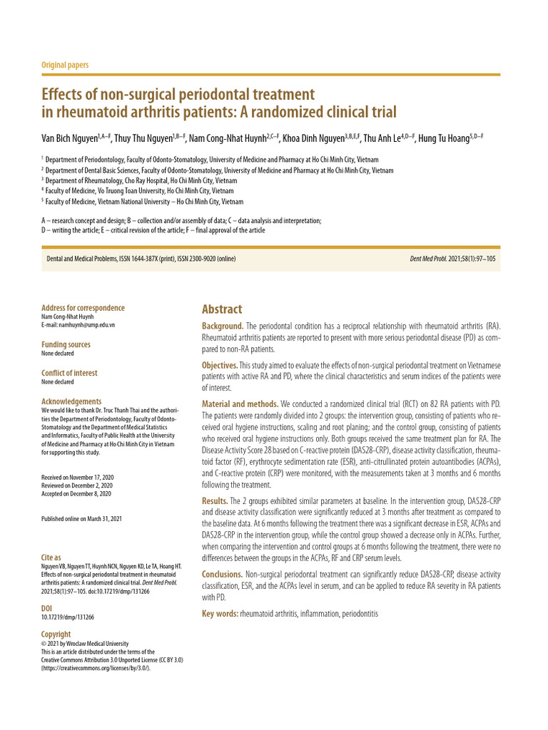 Effects of Non-Surgical Periodontal Treatment in Rheumatoid Arthritis ...
