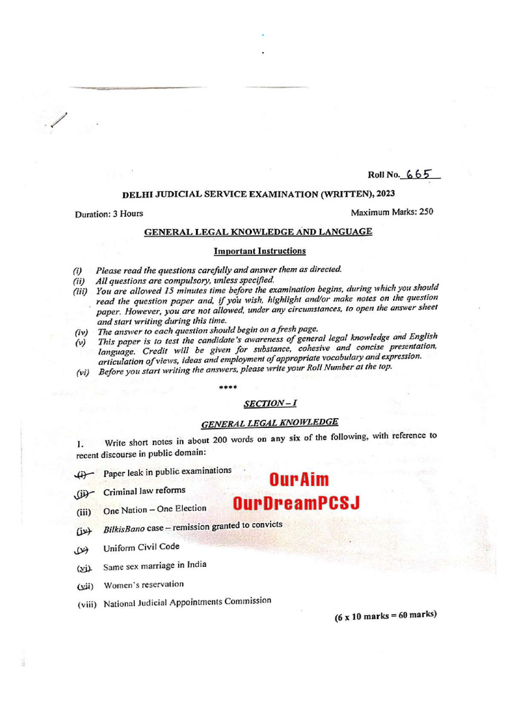 DJS Civil Judge Mains Exam Paper 2023 Subject - GK (Legal) & Language-1 ...