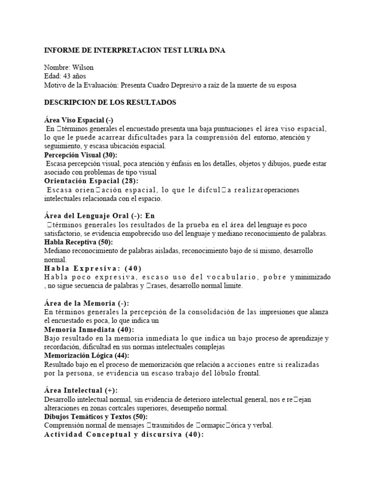 Informe de Interpretacion Test Luria Dna | PDF | Memoria | Conceptos ...