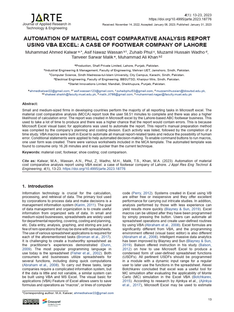 KalwarWassanPhul - Automation of Material Cost Comparative Analysis Report Using VBA Excel A ...