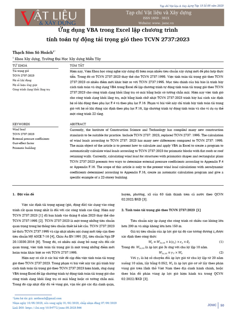 Ung Dung VBA Trong Excel Lap Chuong Trinh Tinh Toan Tu Dong Tai Trong Gio Theo TCVN 2737 2023 | PDF