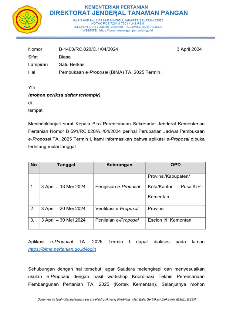 B-1400 Pembukaan E-Proposal (BIMA) TA 2025 Termin I | PDF
