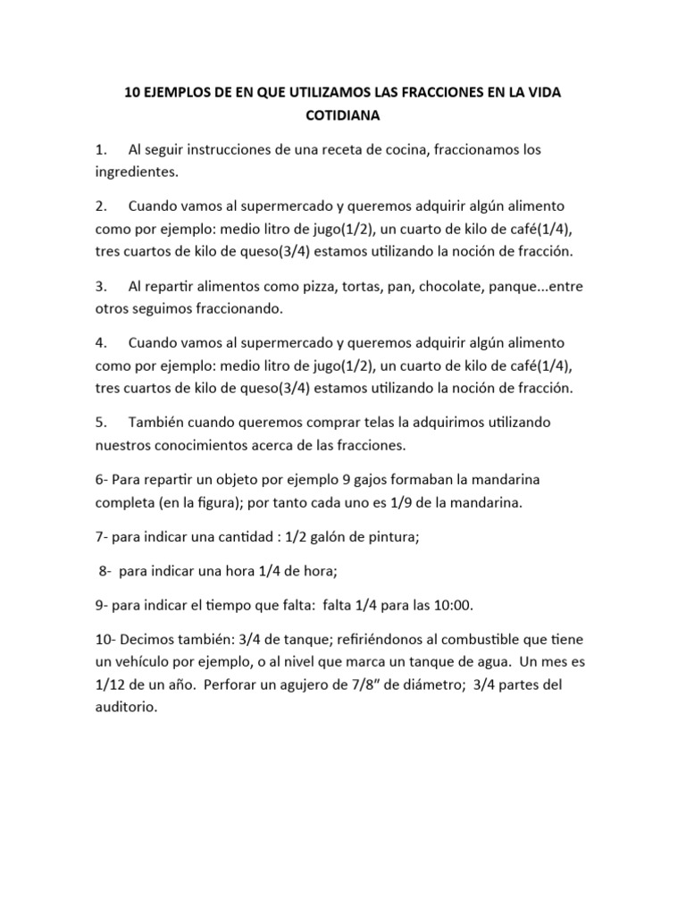 10 Ejemplos De En Que Utilizamos Las Fracciones En La Vida Cotidiana Pdf