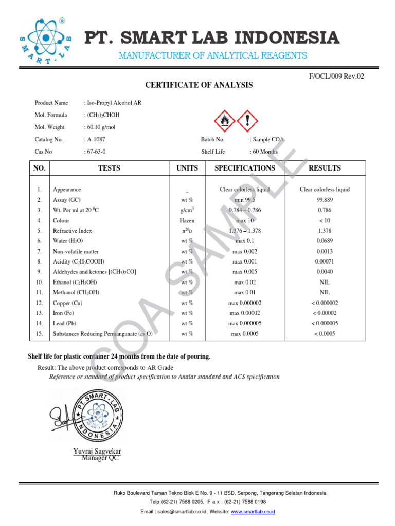Coa Sample: Pt. Smart Lab Indonesia | PDF | Chemistry | Analysis