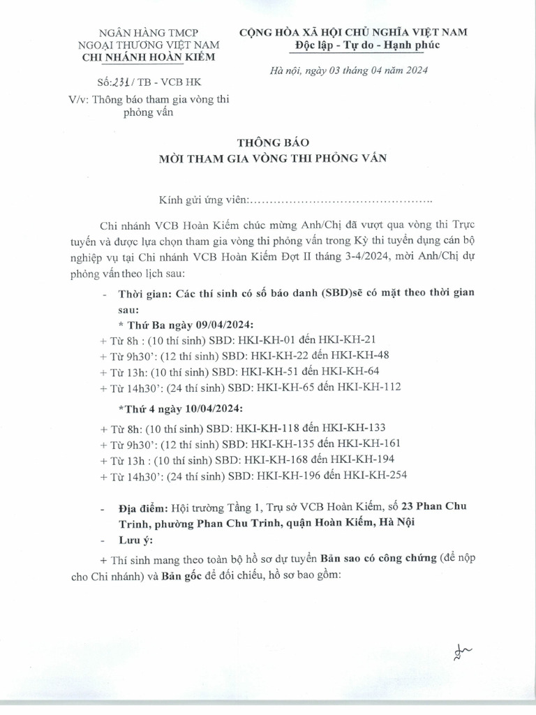 VCB Hoàn Kiếm TB phỏng vấn ứng viên | PDF