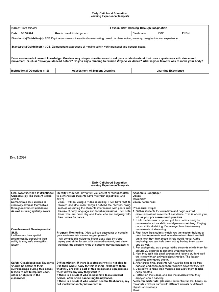Movement and Dance Lesson Plan | PDF | Early Childhood Education ...