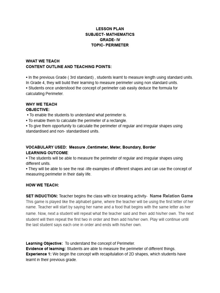 LESSON PLAN PERIMETER GR 4 | PDF | Lesson Plan | Learning