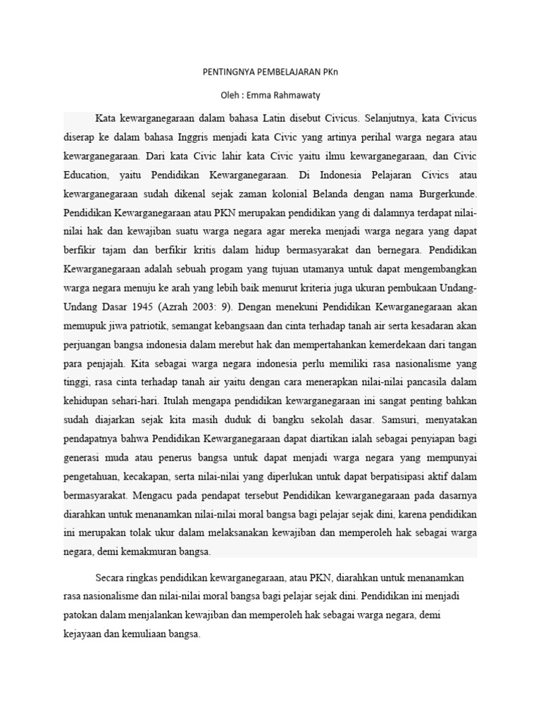 PENTINGNYA PEMBELAJARAN PKN | PDF | Ilmu Sosial