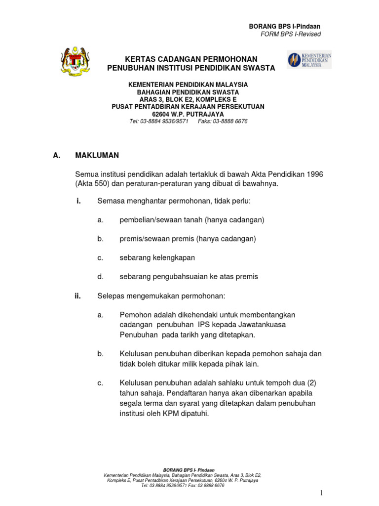 Borang BPS I-Pindaan-Permohonan Penubuhan Institut Pendidikan Swasta ...