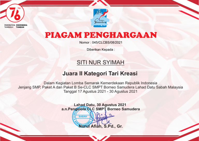 Piagam Juara II Lomba Tari Kreasi | PDF