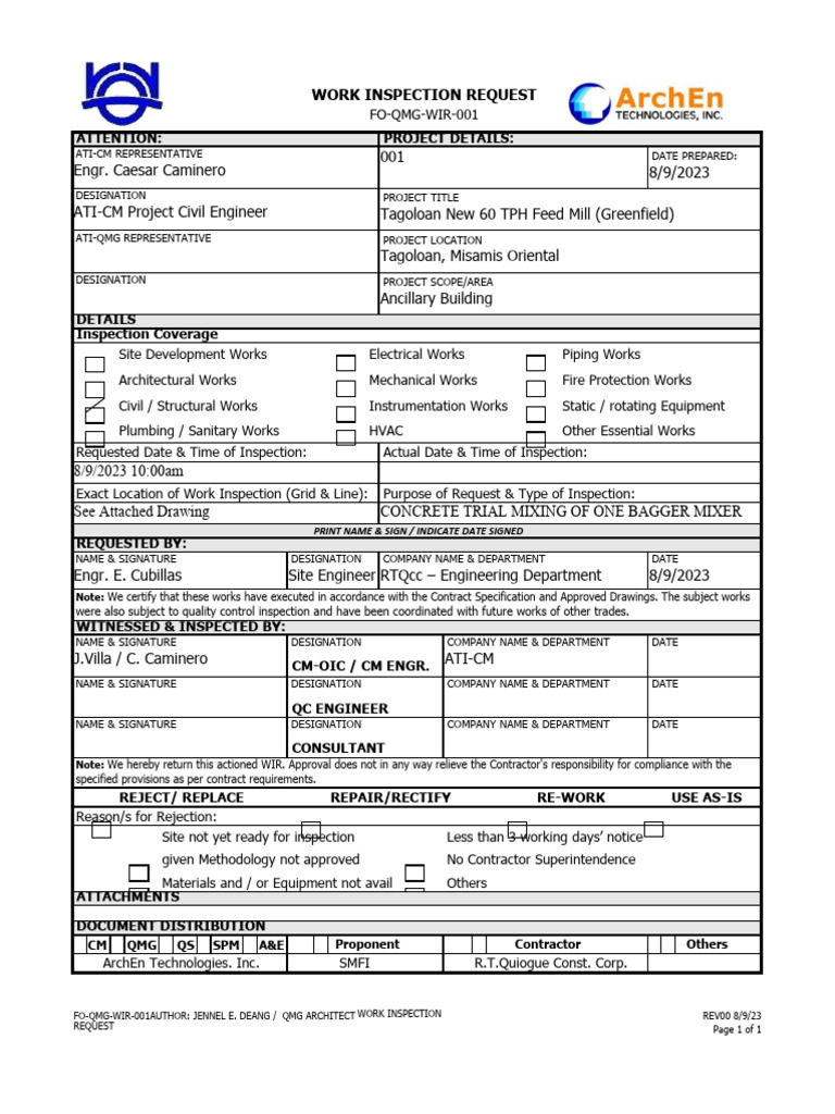 Attention: Project Details:: Work Inspection Request | PDF | Engineering
