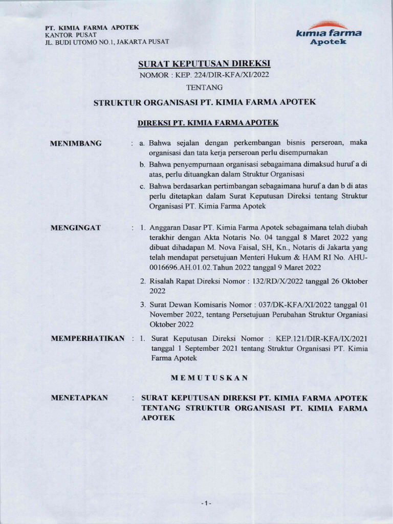 Kep 224 Struktur Organisasi Pt Kimia Farma Apotek Per 01 Nov 2022