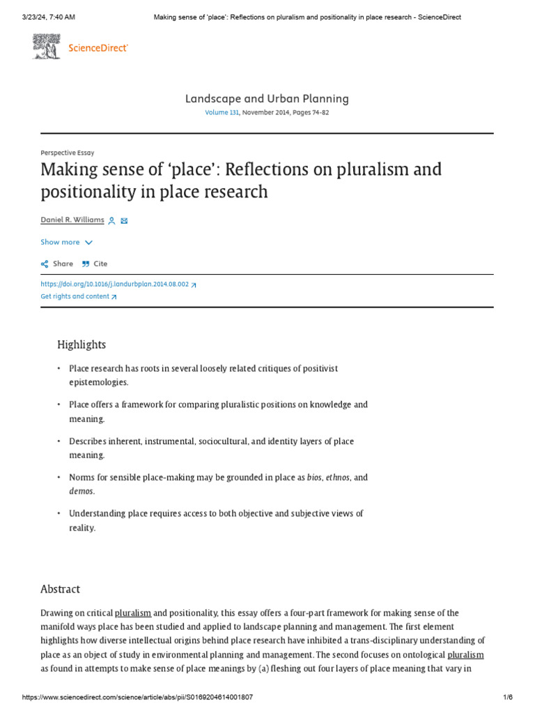 Making Sense of Place' - Reflections On Pluralism and Positionality in Place Research ...