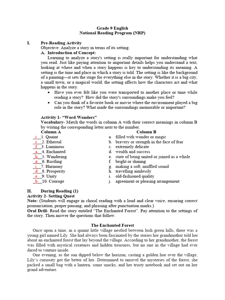 Analyzing Setting Worksheet Answer Key | PDF