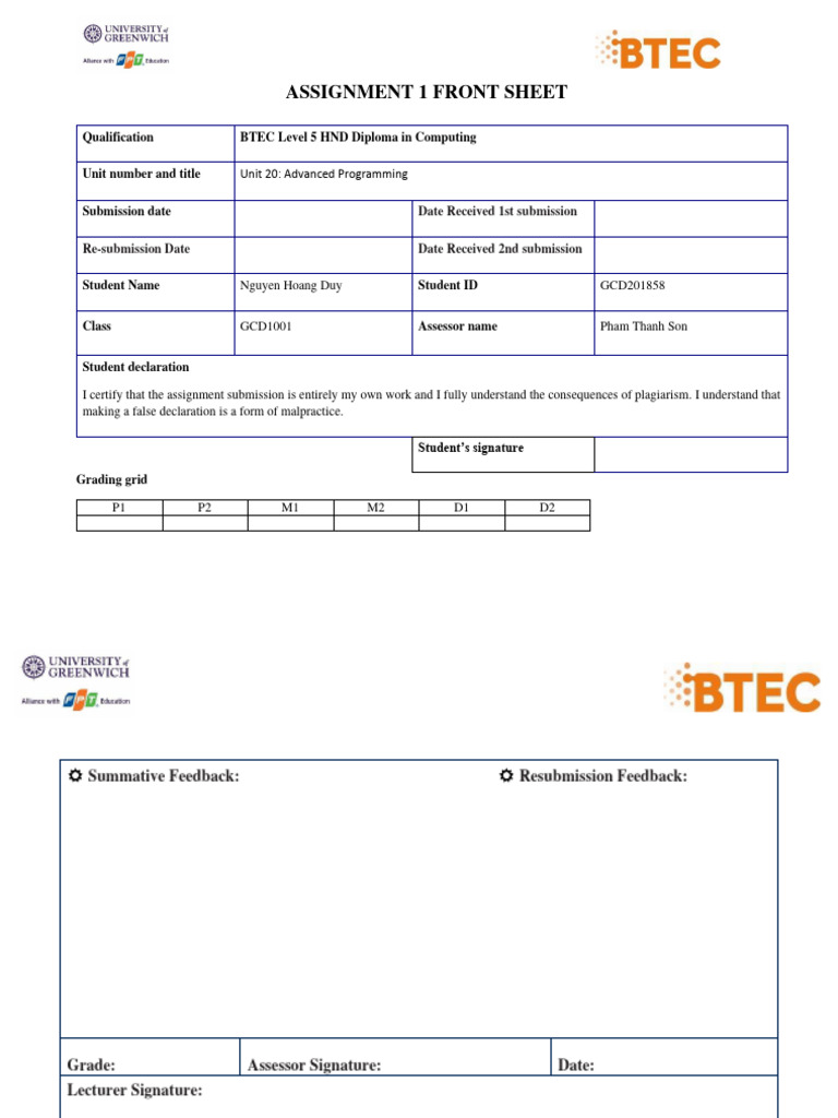 Unit 20 Assignment 1 Frontsheet | PDF | Inheritance (Object Oriented Programming) | Method ...