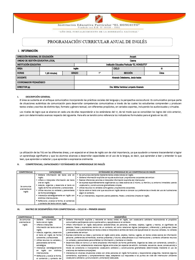 1ro Programacion Anual de Ingles 1ro Prim | PDF | Enseñando | Entorno natural