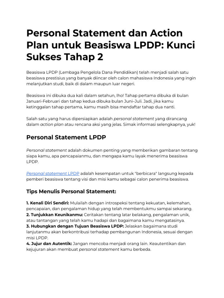Artikel CP (II) - Personal Statement Dan Action Plan Untuk Beasiswa LPDP Kunci Sukses Tahap 2 | PDF