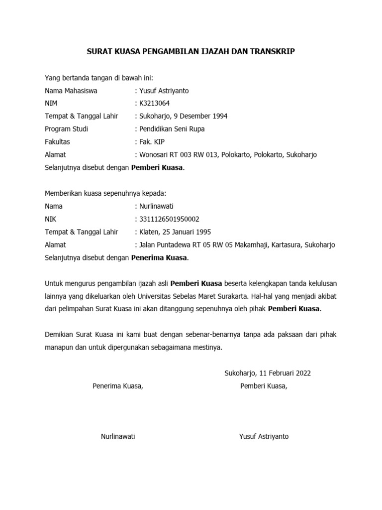 SURAT KUASA PENGAMBILAN IJAZAH PDF
