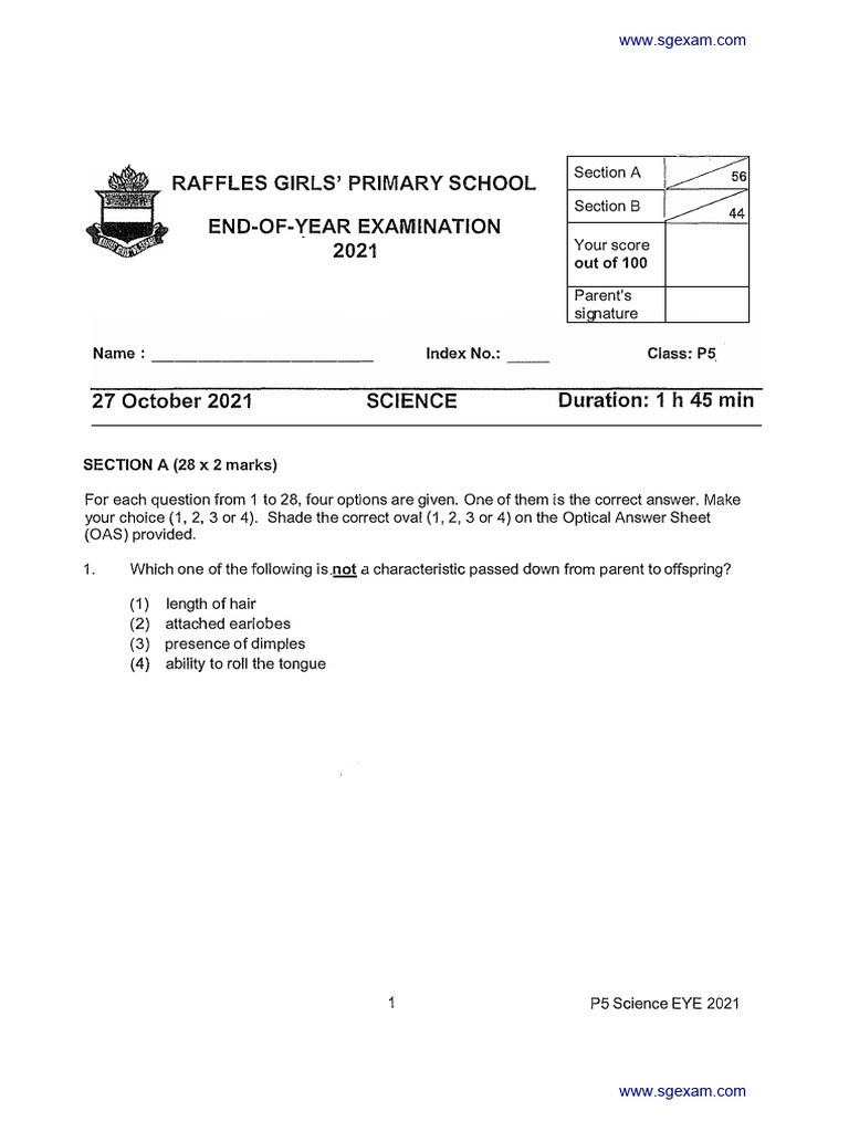 2021-P5-Science-Semestral Assessment 2-Raffles | PDF | Human ...