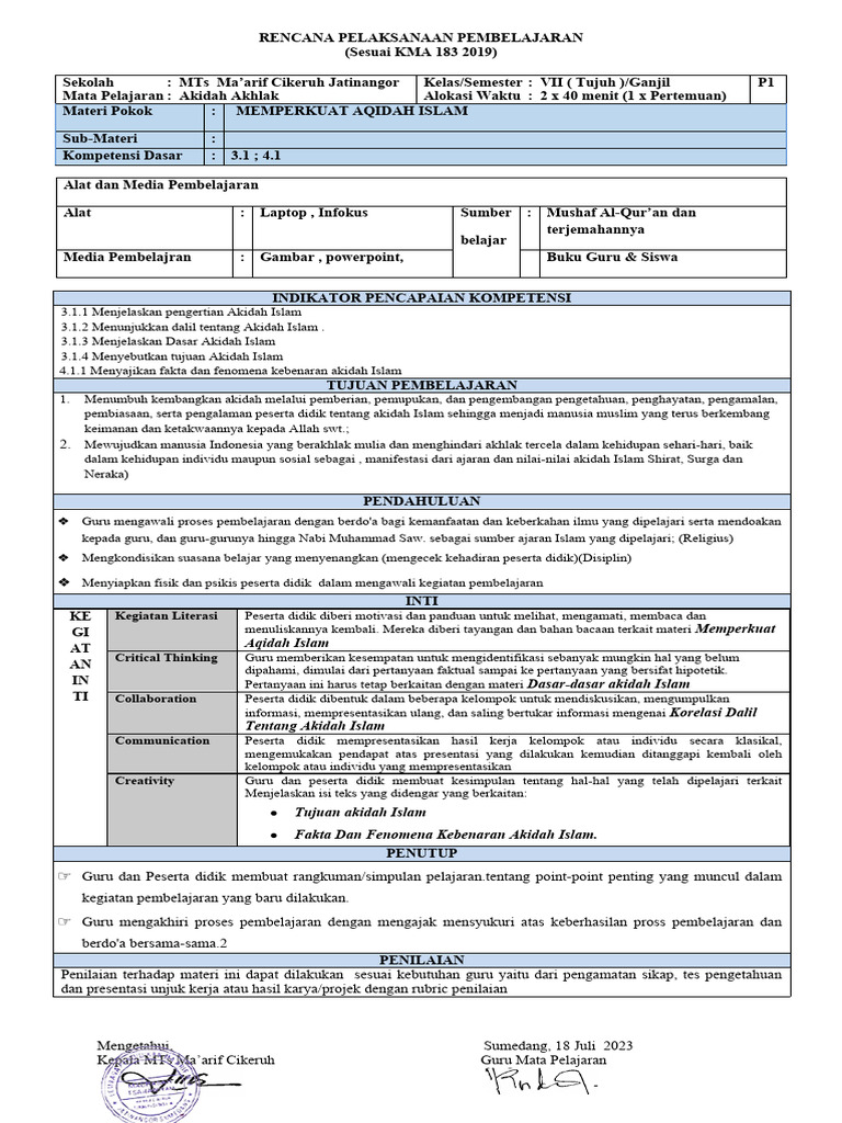 RPP Akidah Akhlak Kelas 7 Sem 1 | PDF