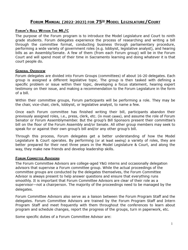 Model Legislature Forum Manual 2022-2023 | PDF | Bill (Law) | United ...