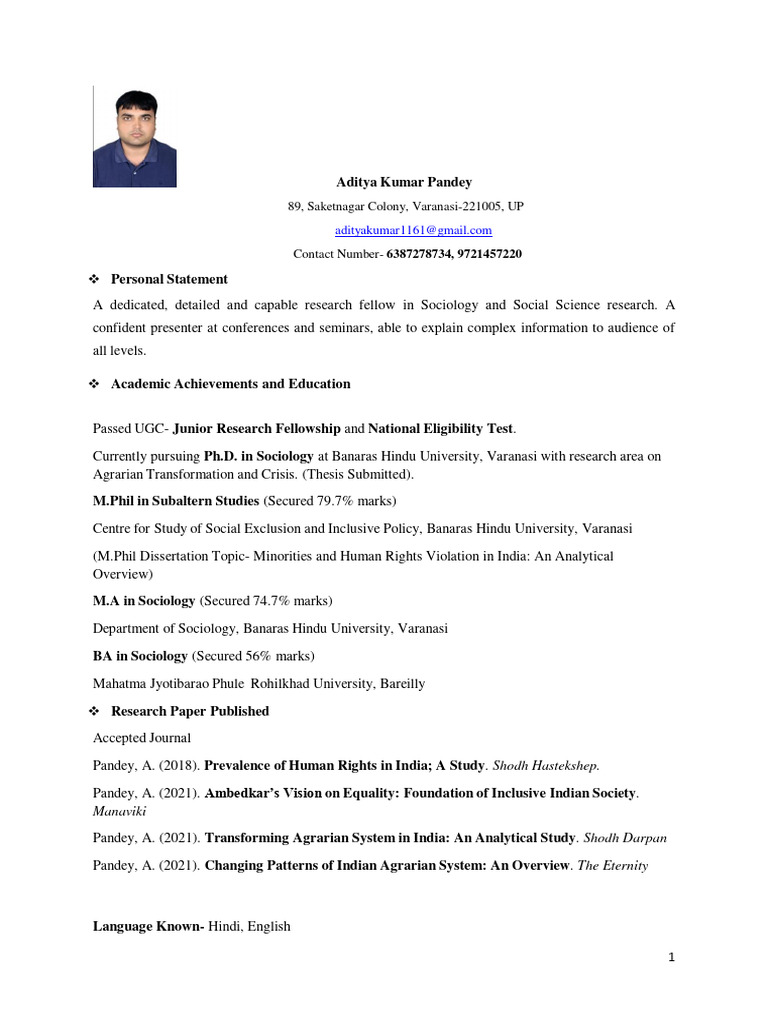 Aditya Kumar Pandey: 89, Saketnagar Colony, Varanasi-221005, UP | PDF | Liberal Arts Education