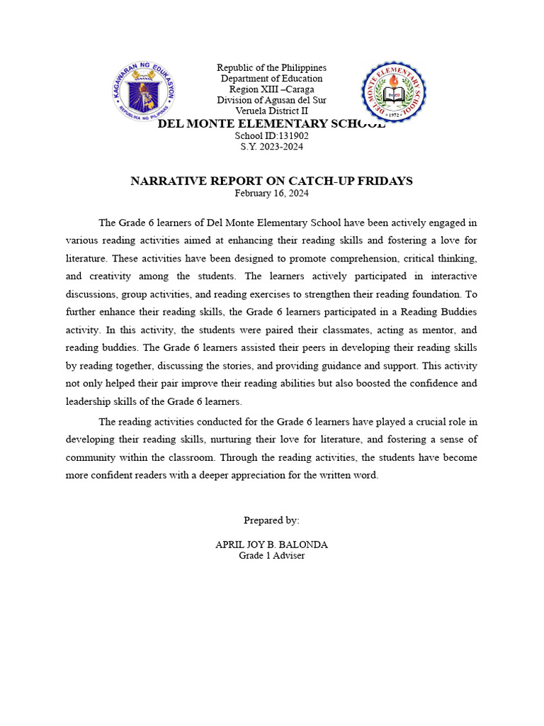 Grade 6 Reading Activities Report | PDF | Peace | Learning