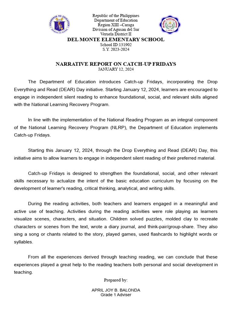 CATCH UP FIDAYS NARRATIVE REPORT Final | Download Free PDF | Learning | Cognition