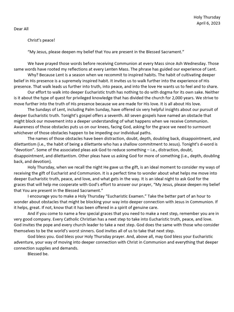 Holy Thursday Reflection 4-6-23 | PDF | Eucharist | Lent