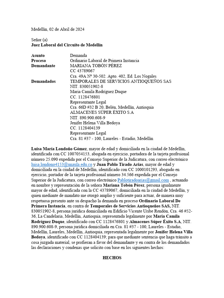 Demanda Laboral 1 | PDF | Derecho laboral | Tiempo de trabajo