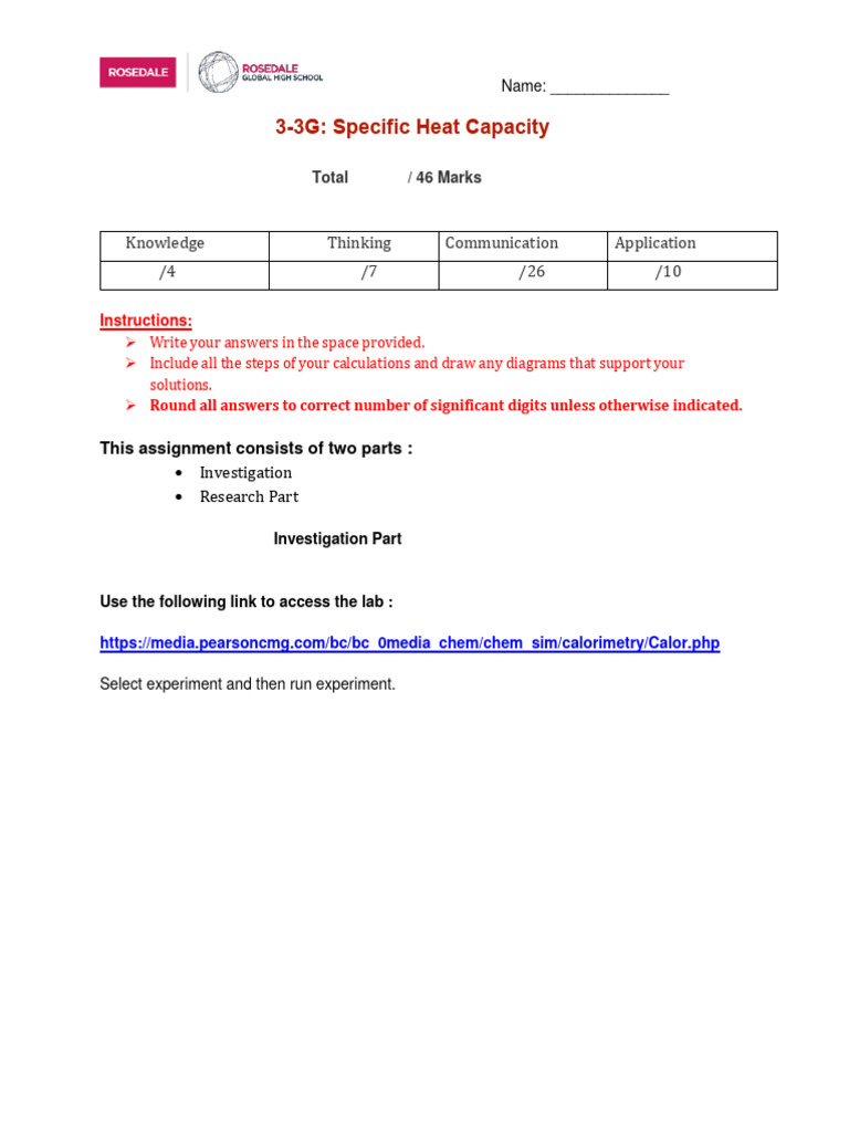 SPH3U 3-3G - SPECIFIC HEAT CAPACITY - Final | PDF | Temperature | Citation
