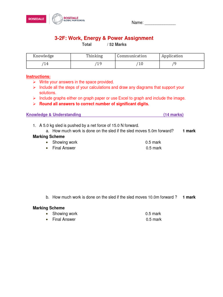 SPH3U 3-2F - WORK, ENERGY POWER ASSIGNMENT Updated | PDF | Force ...