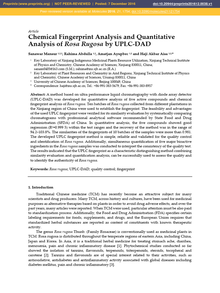 Chemical Fingerprint Analysis and Quantitative Analysis of Rosa Rugosa ...