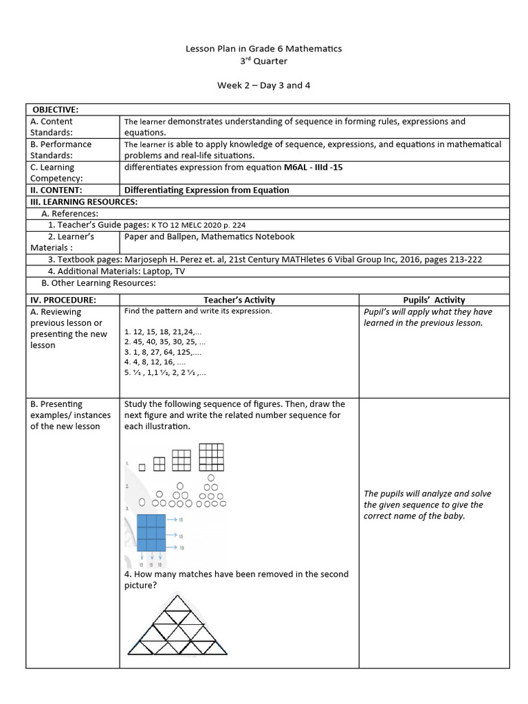 Lesson Plan in Math 6 (Week 2) Sequence Day 2 | PDF | Learning | Equations