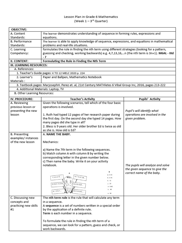 Lesson Plan in Math 6 (Week 1) | Download Free PDF | Learning | Sequence