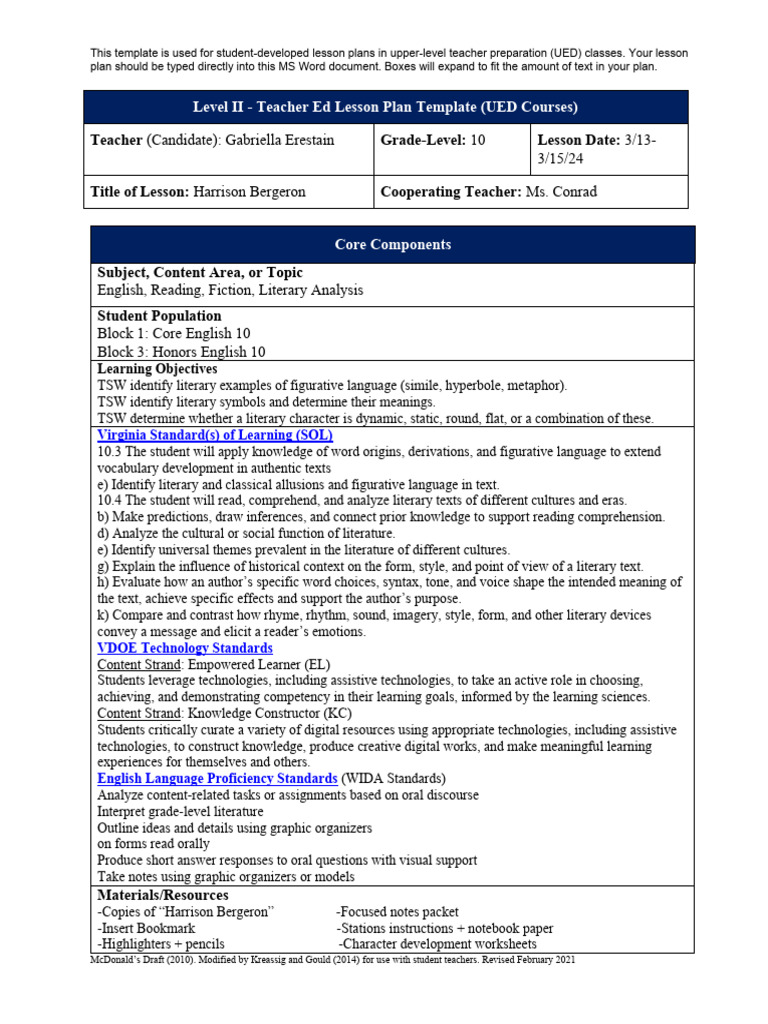 Harrison Bergeron 3 Day LP Reflection | PDF | Lesson Plan | Learning