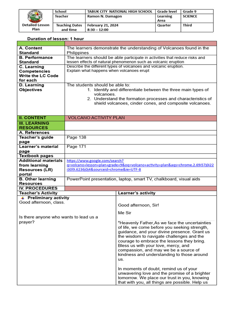 Grade 9 Volcano Lesson Plan | PDF | Volcano | Types Of Volcanic Eruptions