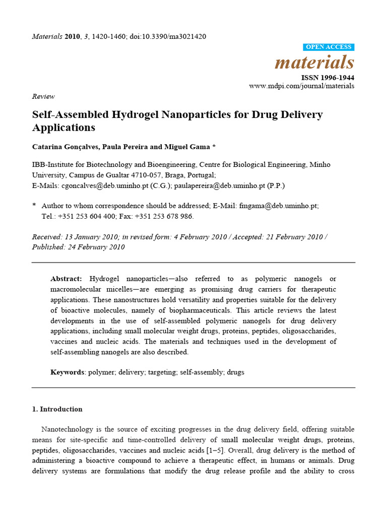 Self-Assembled Hydrogel Nanoparticles For Drug Delivery Applications | PDF | Nanoparticle ...