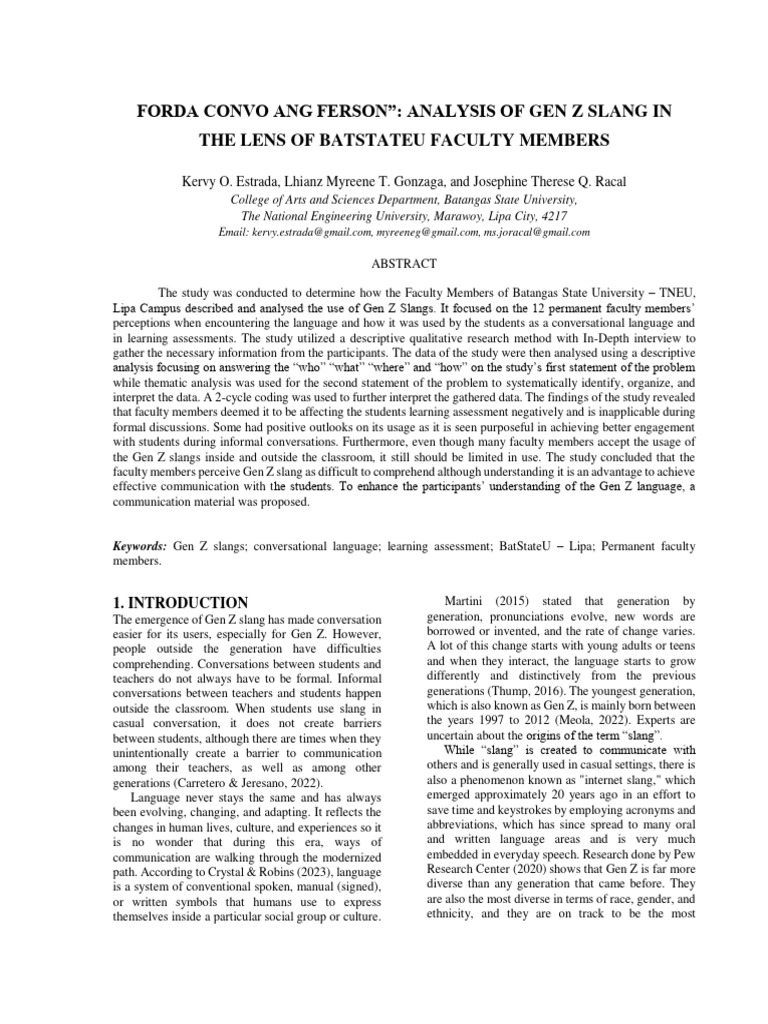 Forda Convo Ang Ferson": Analysis of Gen Z Slang in The Lens of Batstateu Faculty Members | PDF ...