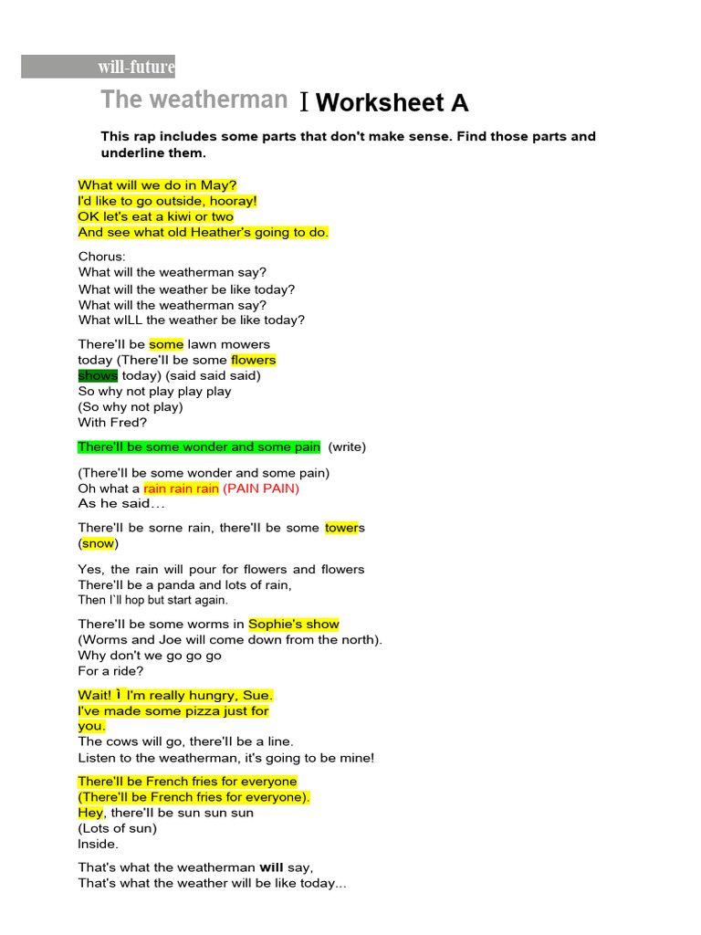 Weatherman Rap Worksheet for Kids | PDF