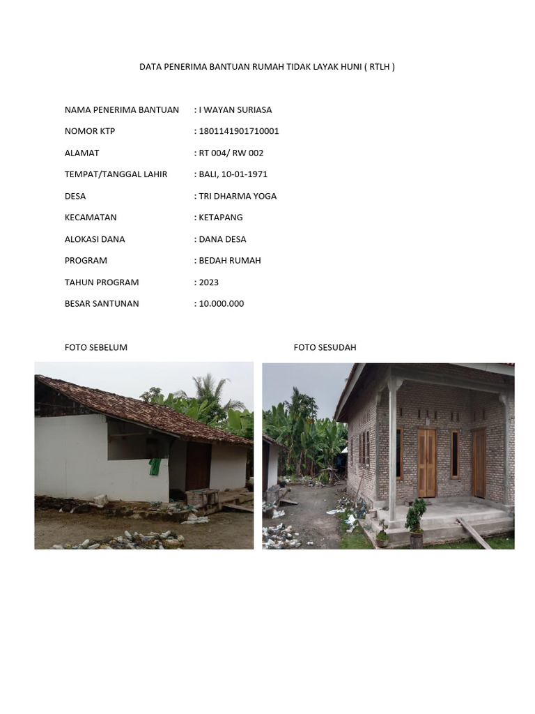 Rekapitulasi Rumah Tidak Layak Huni Desa Tri Dharma Yoga | PDF | Griya ...